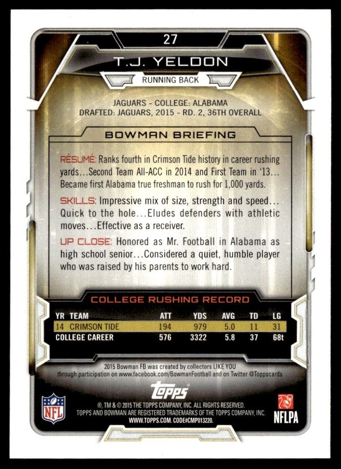 2015 Bowman Rookies T.J. Yeldon Rookie Jacksonville Jaguars #27 | eBay
