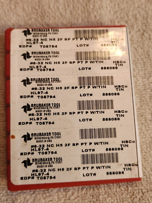 Lot of 6ea. BRUBAKER 6-32 NC H5 2fl. Spiral Point HSCo TiN HL97-4 Taps ...