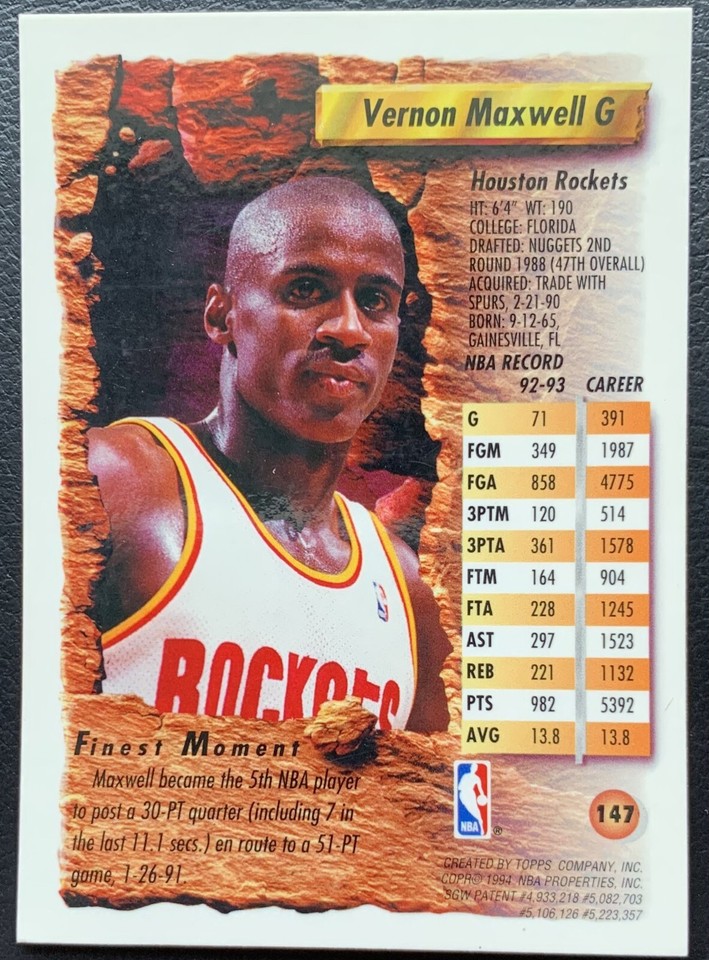 1994 TOPPS FINEST BASKETBALL VERNON MAXWELL HOUSTON ROCKETS #147 EX | eBay