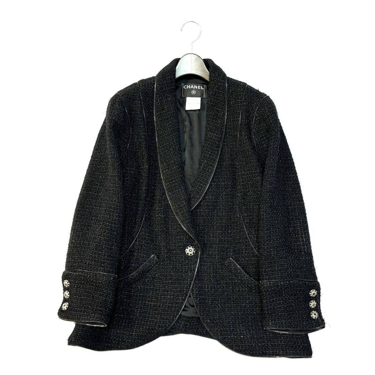 CHANEL 08A Tweed Jacket Zip Design Black Size 46 Nylo… - Gem