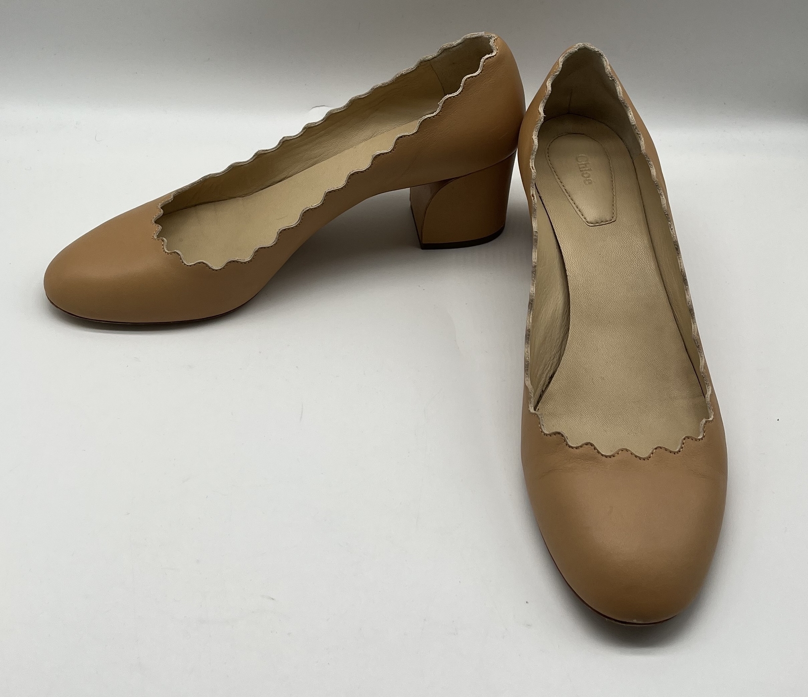 Chloe Leather Scalloped Trim Closed Toe Block Heel in… - Gem