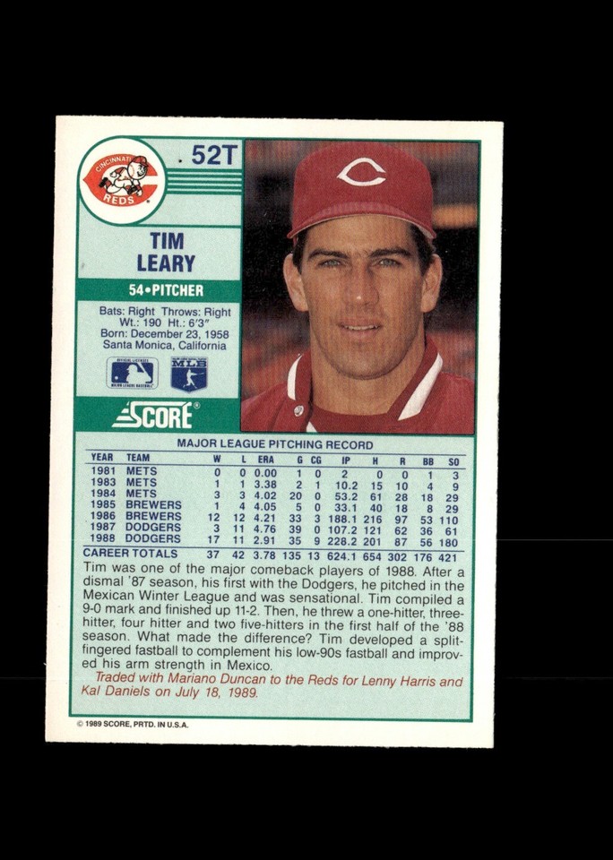 Tim Leary - 1989 Score Baseball #52T - Cincinnati Reds + FAST FREE Ship ...