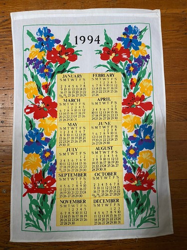 Vintage 1994 Calendar Tea Towel Bright Flowers Kitchen Linen Cotton 16. ...