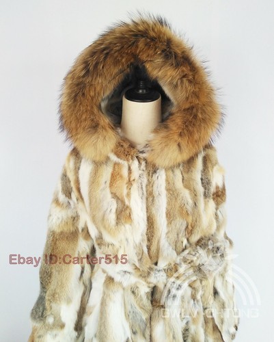Natural real rabbit fur coat with hood raccoon fur women long jacket ...