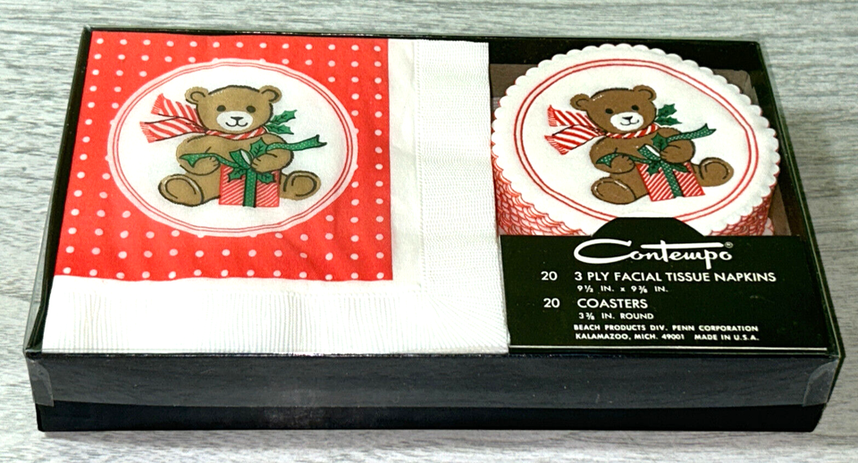 Vintage Contempo Christmas Bears 20 Cocktail Napkins + 20 Coasters Set ...