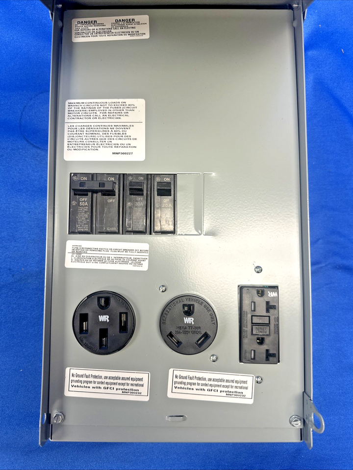 GE - RV Panel with 50 Amp and 30 AMP RV Receptacles and a 20 Amp GFCI ...