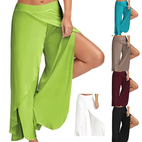 Womens Trousers Palazzo Long Pants Split Wide Leg Yoga Loose Beach High ...