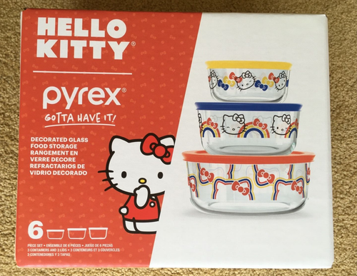 Pyrex HELLO KITTY 6-Piece Glass Storage Set Rainbow Hair Ribbons Red ...