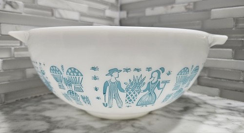 Pyrex Vintage White Blue Amish Butterprint Cinderella Mixing Bowl 443 2 ...