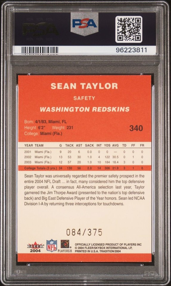 2004 Fleer Tradition SEAN TAYLOR Draft Day RC Rookie Card Redskins /375 ...