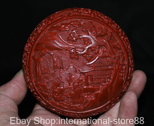 4.2" Marked Old Chinese Red Lacquer Ware Dynasty landscape People ...