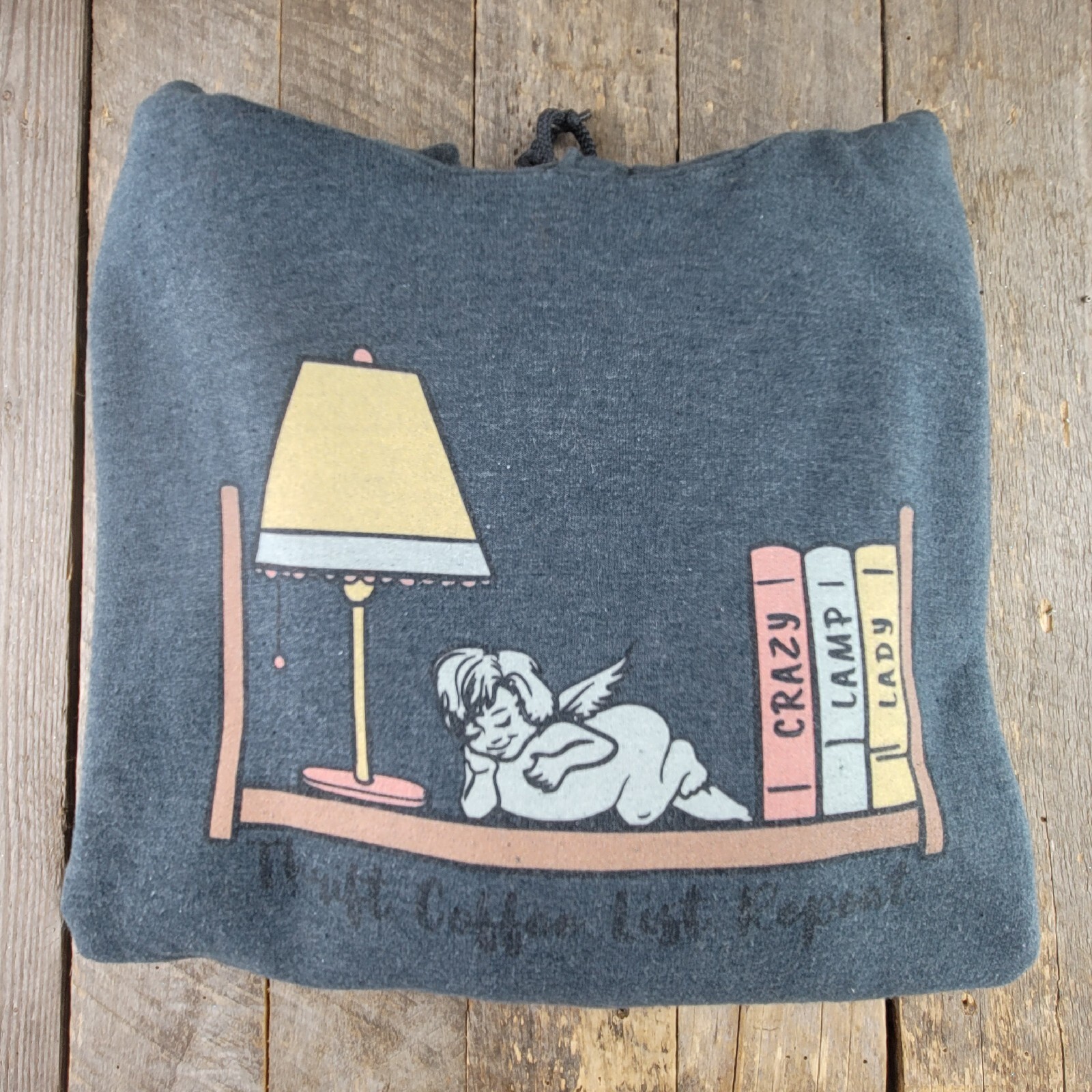 Crazy Lamp Lady HOODIE M cherub thrift coffee list repeat gray angel ...