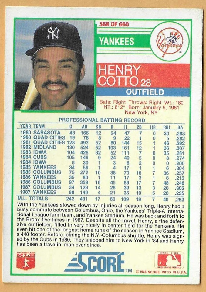 HENRY COTTO NEW YORK YANKEES #368 - SCORE NM-MT 1988 | eBay
