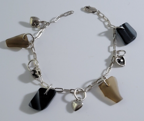 Sterling Silver Signed Prochain Chain Link Charm Bracelet Heart Glass ...