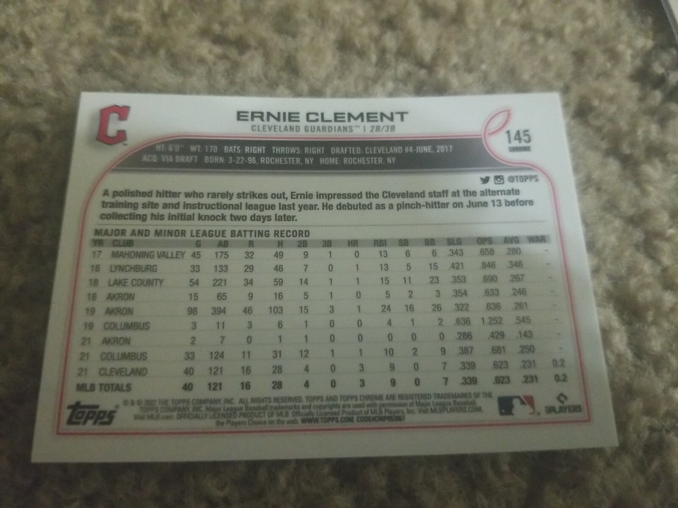 ERNIE CLEMENT TOPPS CHROME CARD #145 BLUE JAYS/GUARDIANS (ROOKIE CHROME ...
