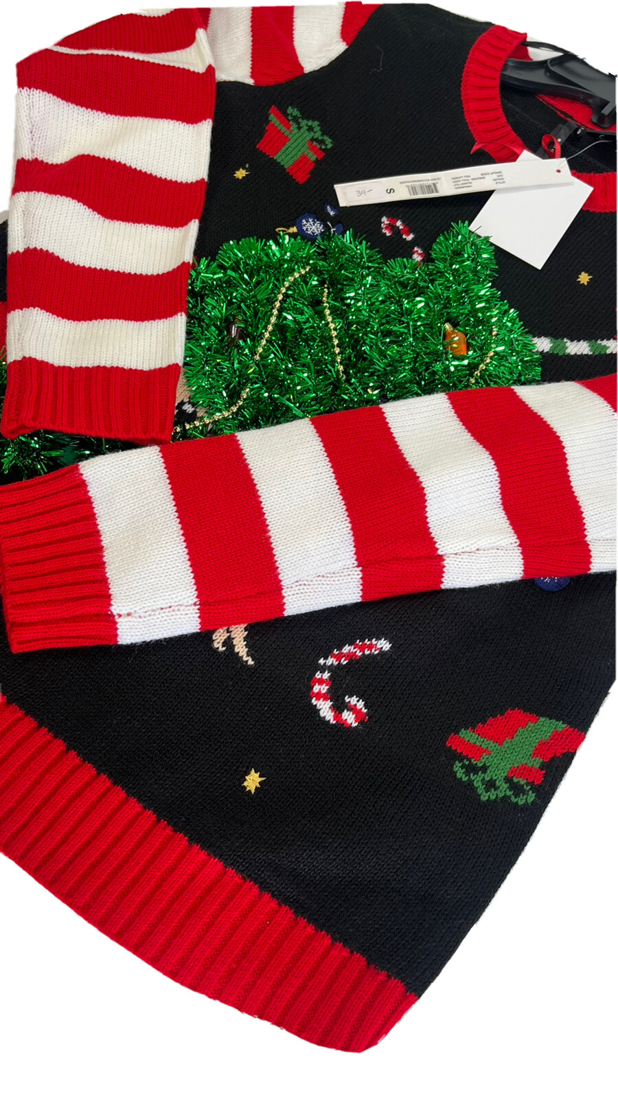 So It Is S Juniors Holiday Party Sweater Clumsy Elf black Tinsel Tree ...