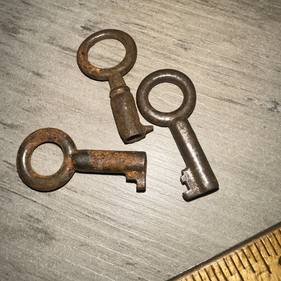 3 Small Antique Skeleton Keys Hollow Barrel Padlock Steamer Trunks Etc ...