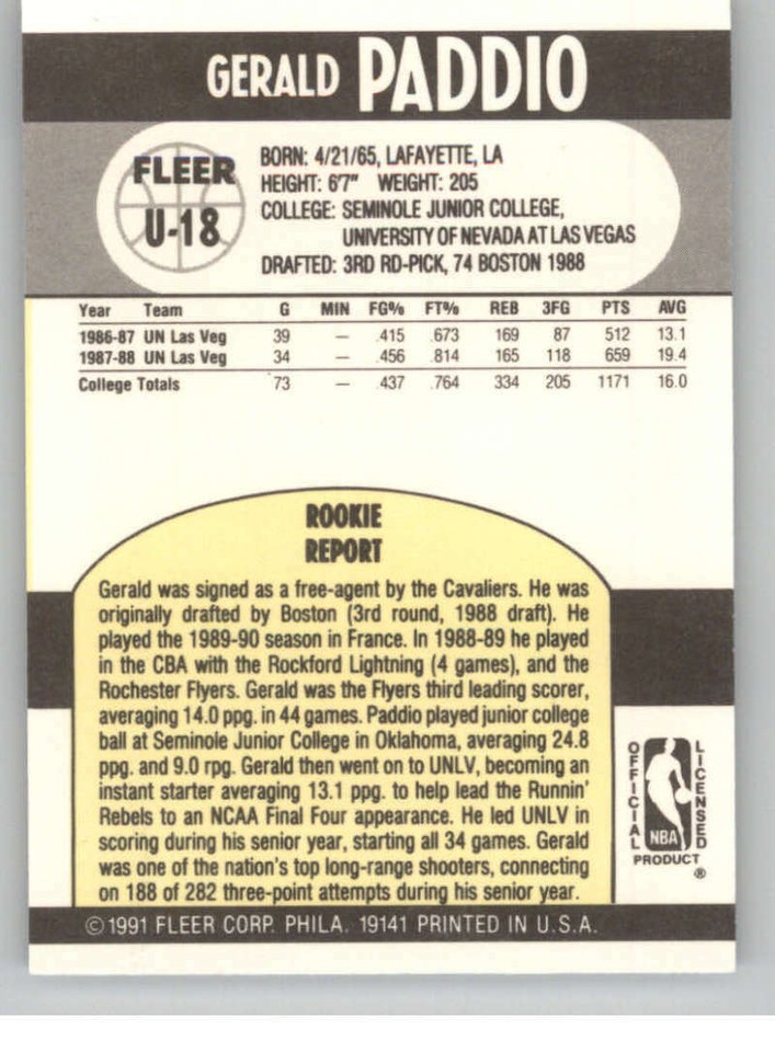 Gerald Paddio 1990-91 Fleer Update #U-18 RC Cavaliers ID:18163 | eBay