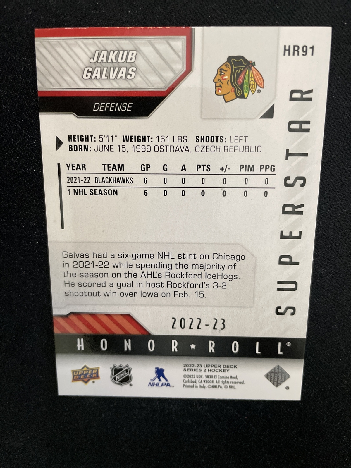 22-23 UD Series 2 Hockey Rookie Superstar Honor Roll HR91 Jakub Galvas ...