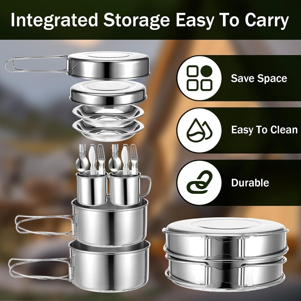 14Pcs Stainless Steel Camping Cookware Set, Lightweight Compact Camping ...