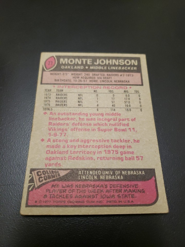1977 Topps MONTE JOHNSON #77 Oakland Raiders Football Card - NM-MT | eBay