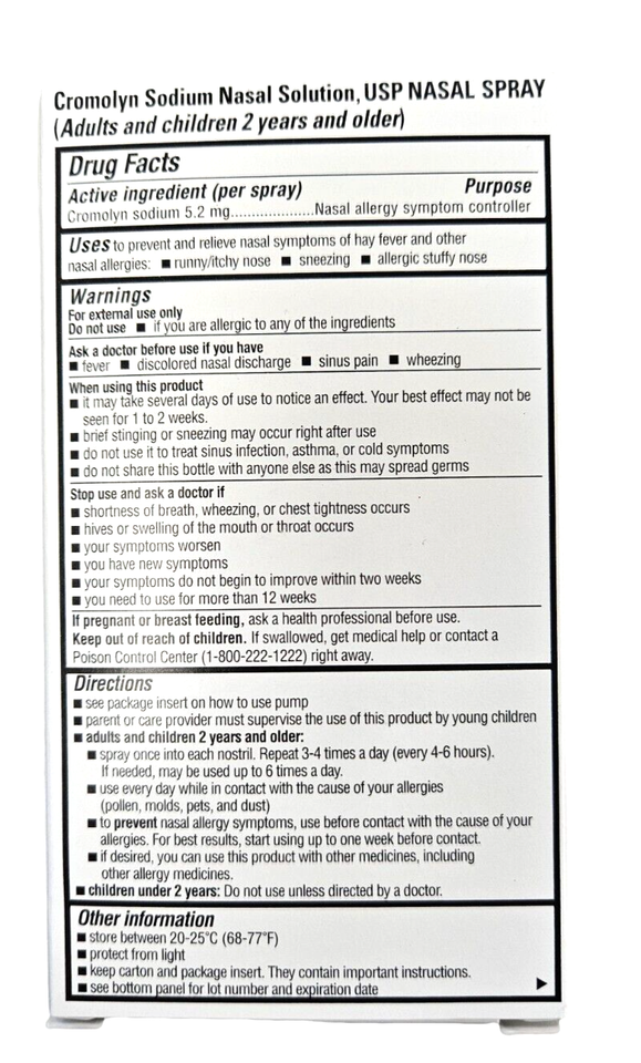Cromolyn Allergy Nasal Spray 26mL (200 Sprays/bottle) ( 2 bottles ...