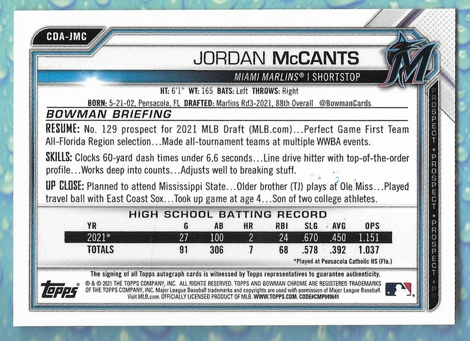 JORDAN MCCANTS 2021 TOPPS BOWMAN CHROME 1ST INSERT AUTOGRAPH AUTO # CPA ...