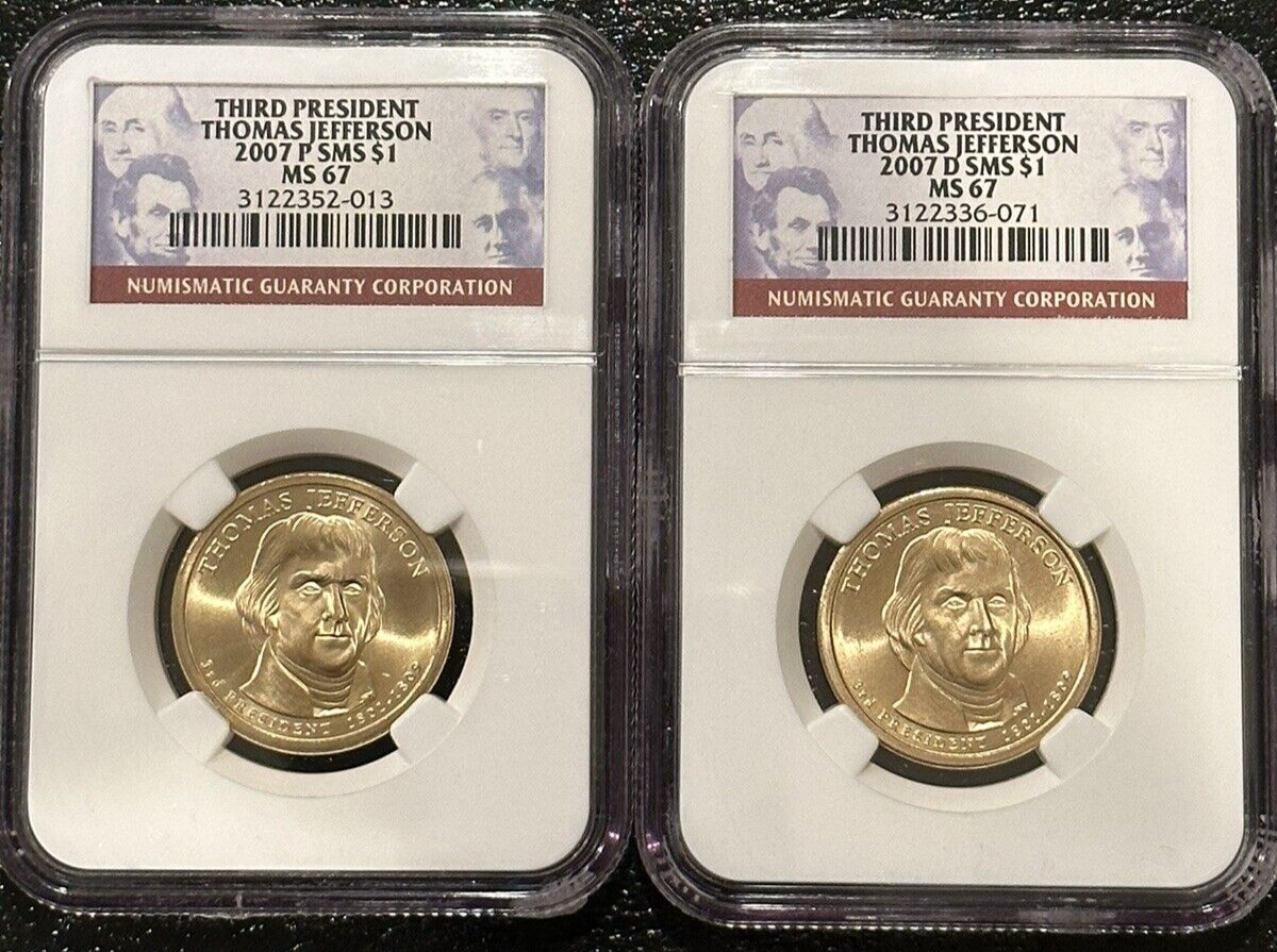 2007 P & D Thomas Jefferson Presidential Dollar Coin NGC SMS MS67 SATIN ...