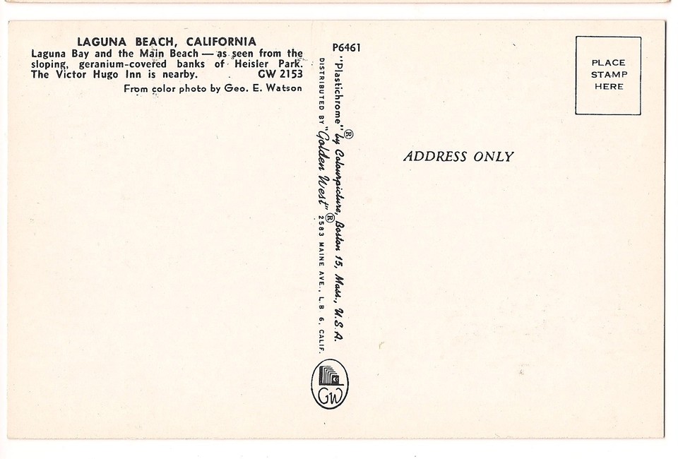LAGUNA BEACH Bay and Main Beach near Victor Hugo CALIFORNIA Postcard CA ...