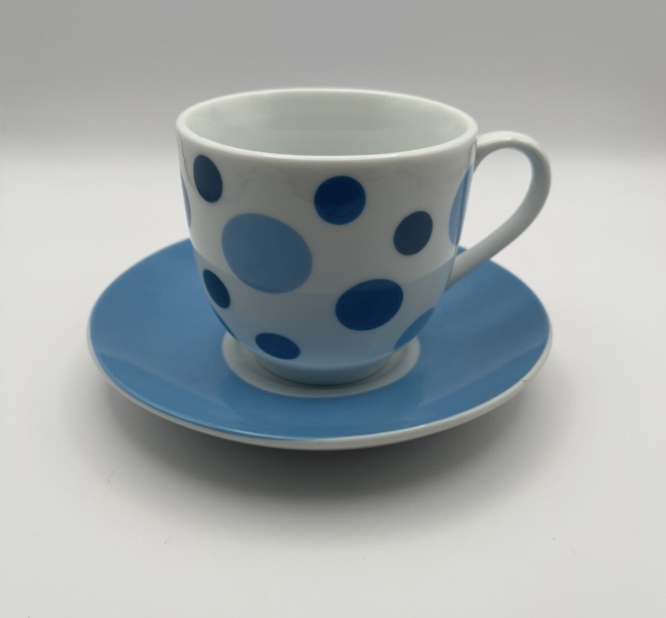 Teal/ Navy Blue Polka Dot Set Of 6 Tea Cups 5 Saucers W/ Box By Sigma ...