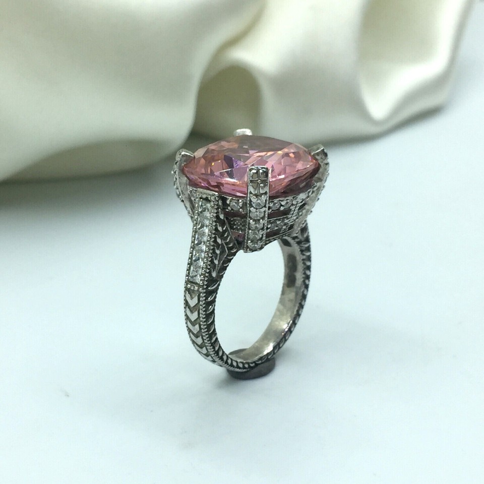 Sparkle Pink Cushion Sapphire & White CZ Royal Style 935 Silver Ring (6 ...