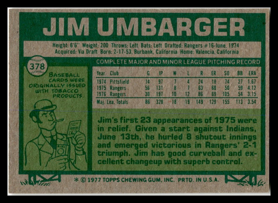 1977 Topps #378 Jim Umbarger VG/EX | eBay