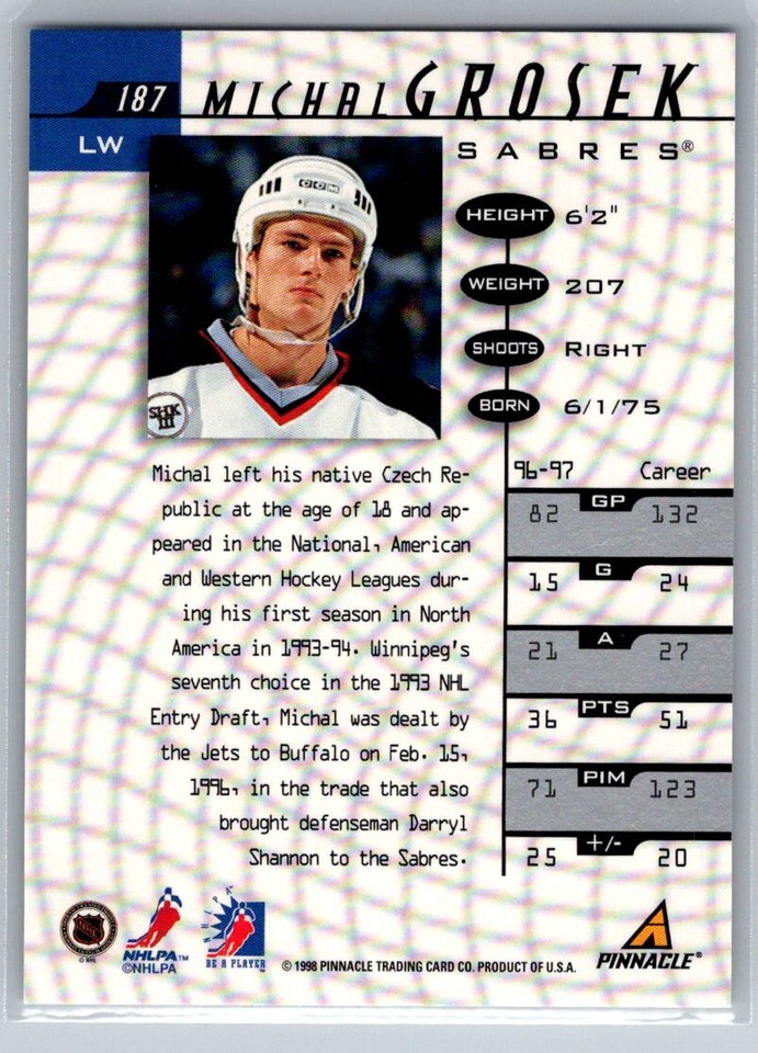 1997 Pinnacle Be a Player #187 Michal Grosek Auto SABRES | eBay