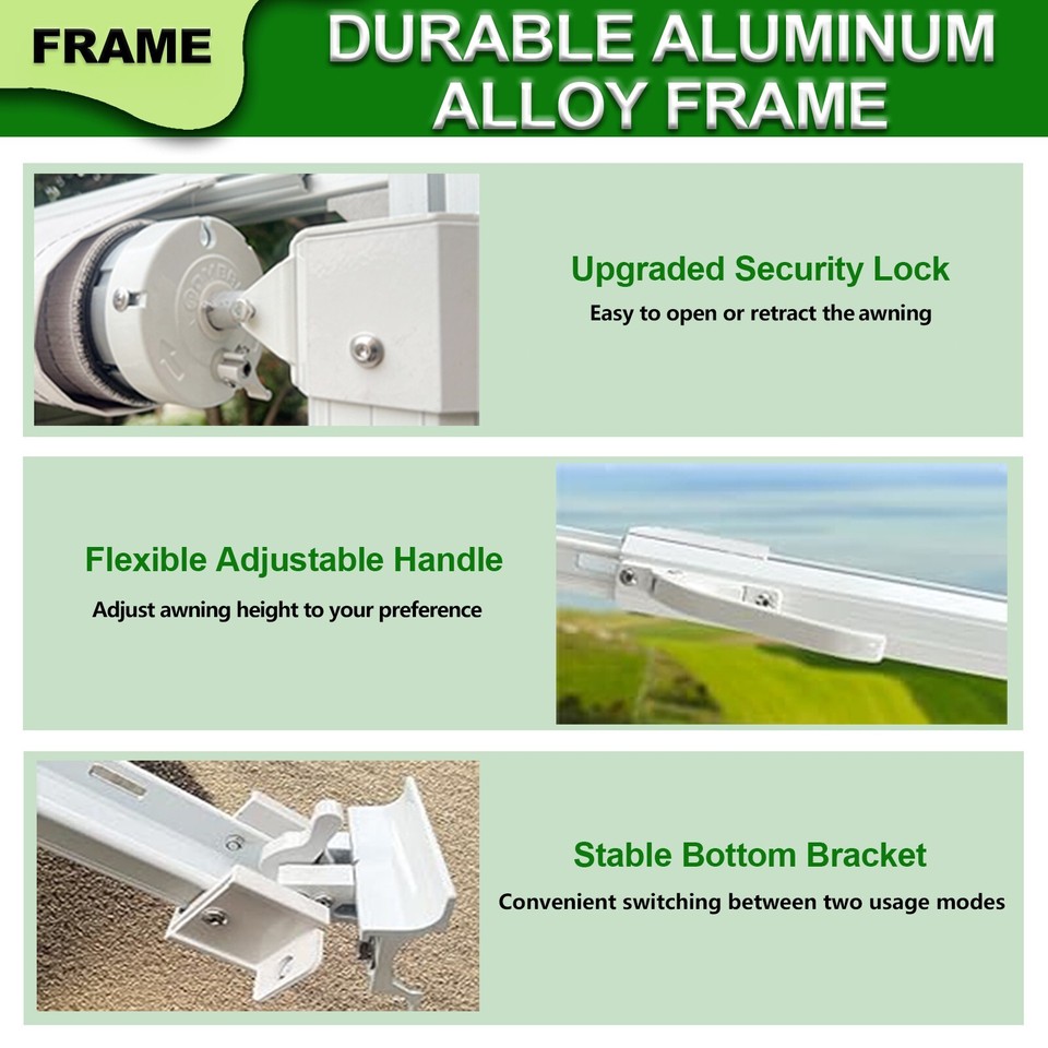 Manual RV Awning Kit，10' Retractable RV Awning Frame White Frame-Black ...