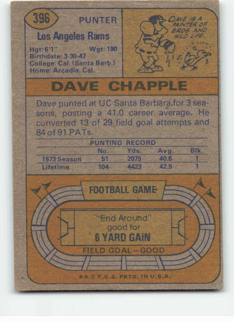 1974 Topps #396 Dave Chapple G/VG Good/Very Good LA Rams | eBay