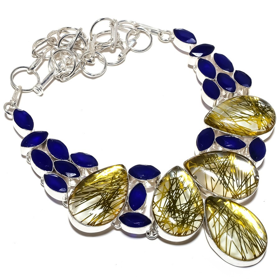 Golden Rutile Quartz, Sapphire Gemstone 925 Silver Jewelry Necklace 18 ...