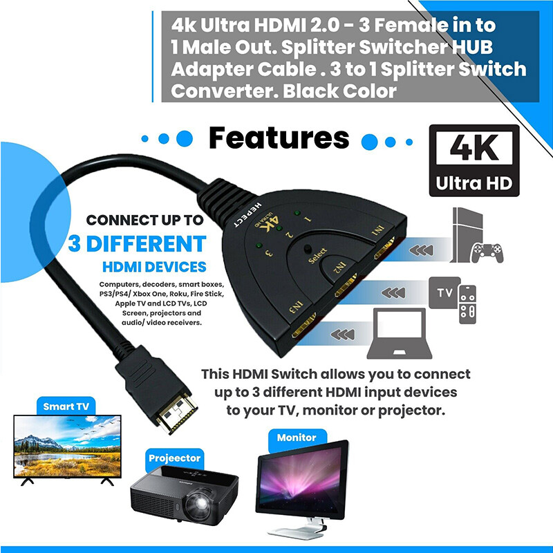 2K 4K 3in1out HDMI Switch Hub Splitter TV Switcher Adapter Ultra HD for ...