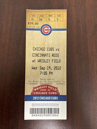 9/19/2012 Cincinnati Reds Chicago Cubs Ticket Stub Alfonso Soriano Home ...