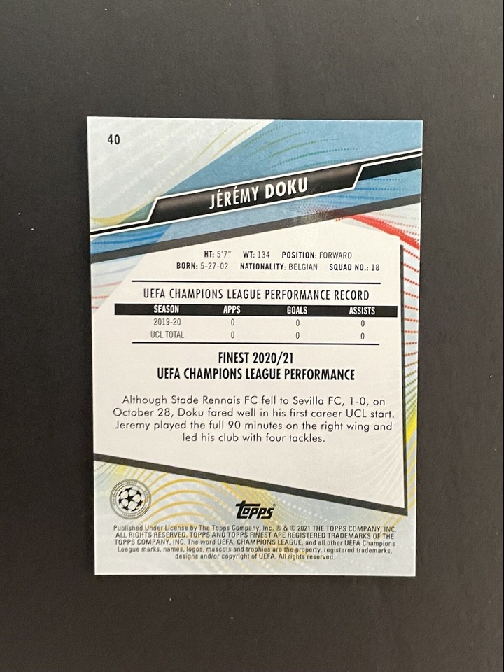 2020-21 Topps Finest UCL Refractor Jeremy Doku #40 Rookie RC | eBay