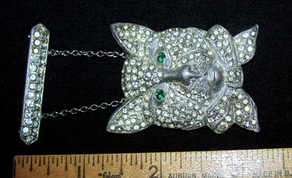 RAREST! HUGE ANTIQUE VICTORIAN EDWARDIAN CLEAR & EMERALD PASTE CAT FACE ...