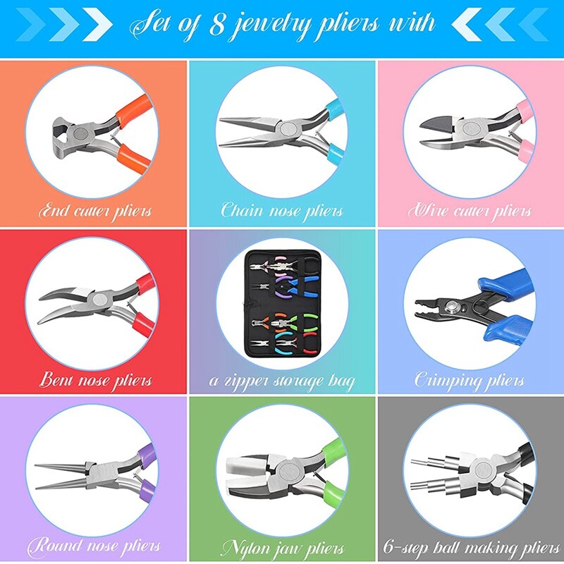 8 Pieces Jewelry Making Pliers Tool Kit, Needle Nose Pliers, Round Nose ...