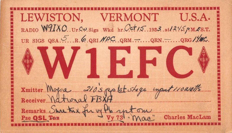 LEWISTON VERMONT VT POSTAL QSL CARD 1933 W1EFC | eBay
