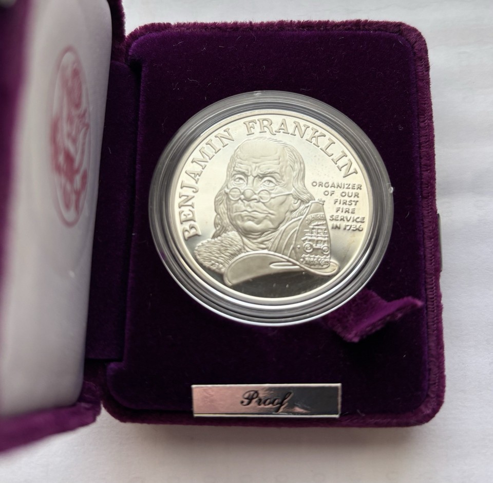 1992 Ben Franklin Firefighters 1 Troy oz Silver Proof Medal W/ Box ...