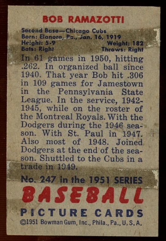 1951 Bowman #247 Bob Ramazzotti EX-MT RC Rookie Cubs 72992 | eBay