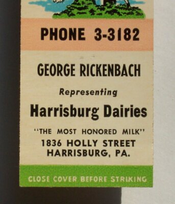 1950s Rickenbach Dairy Milk Harrisburg PA Dauphin Co Matchbook ...