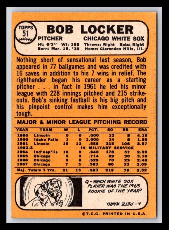 1968 Topps #51 Bob Locker VG or Better | eBay