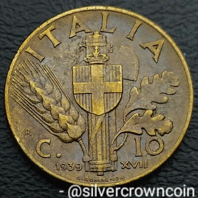 Italy 10 Centesimi 1939 R XVII. KM#74a. Ten Cents coin Vittorio Emanuel ...