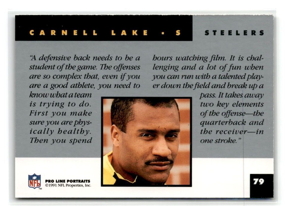 1991 Pro Line Portraits FOOTBALL #79 Carnell Lake Pittsburgh Steelers ...