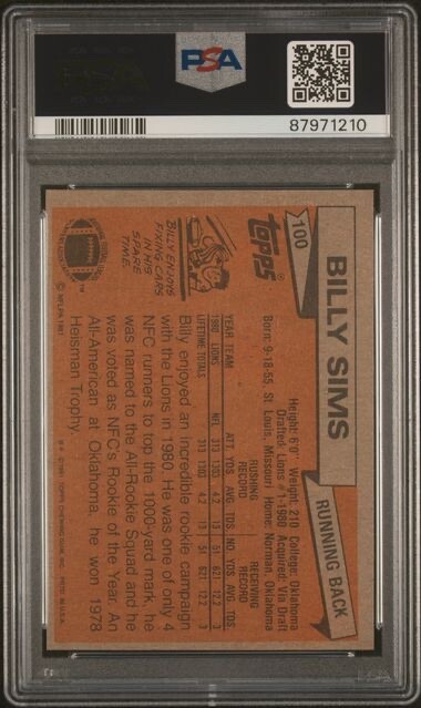 1981 Topps Football Billy Sims Rookie 100 PSA 9 Mint Lions | eBay