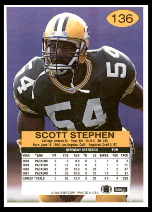 1992 Fleer #136 Scott Stephen Green Bay Packers | eBay